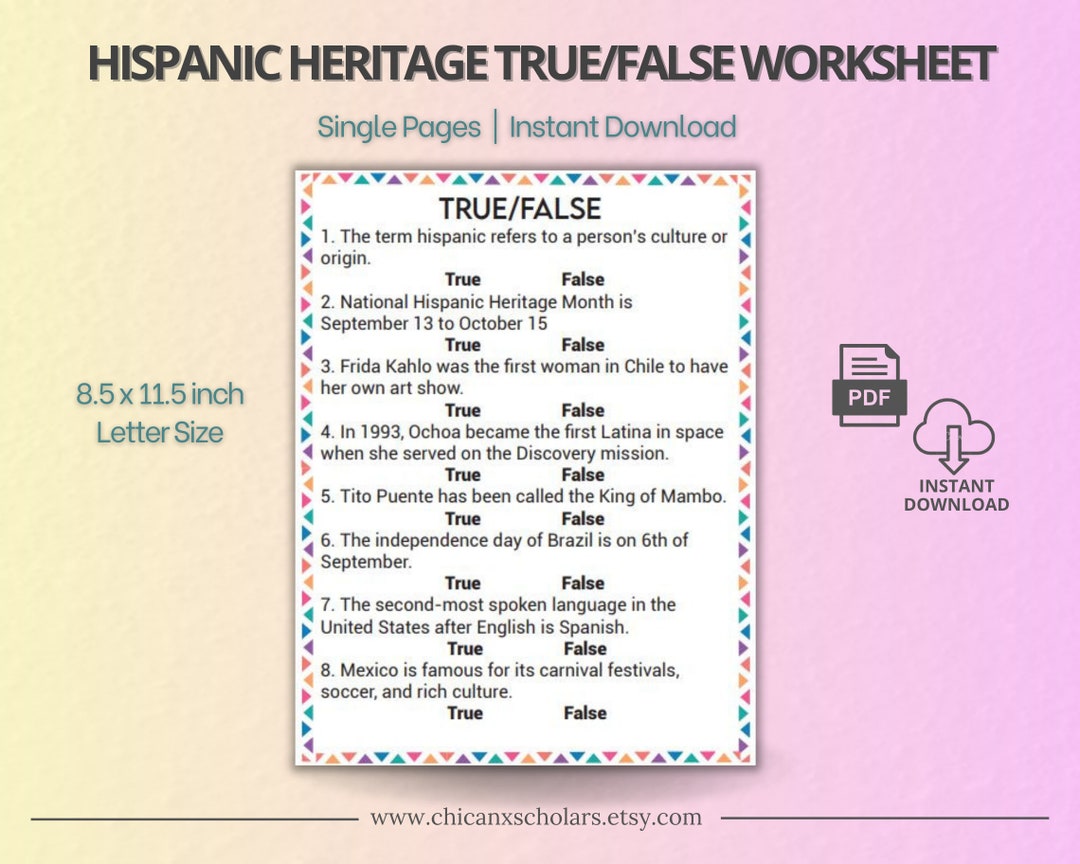 Hispanic Heritage True False Worksheet | Latino History True False ...