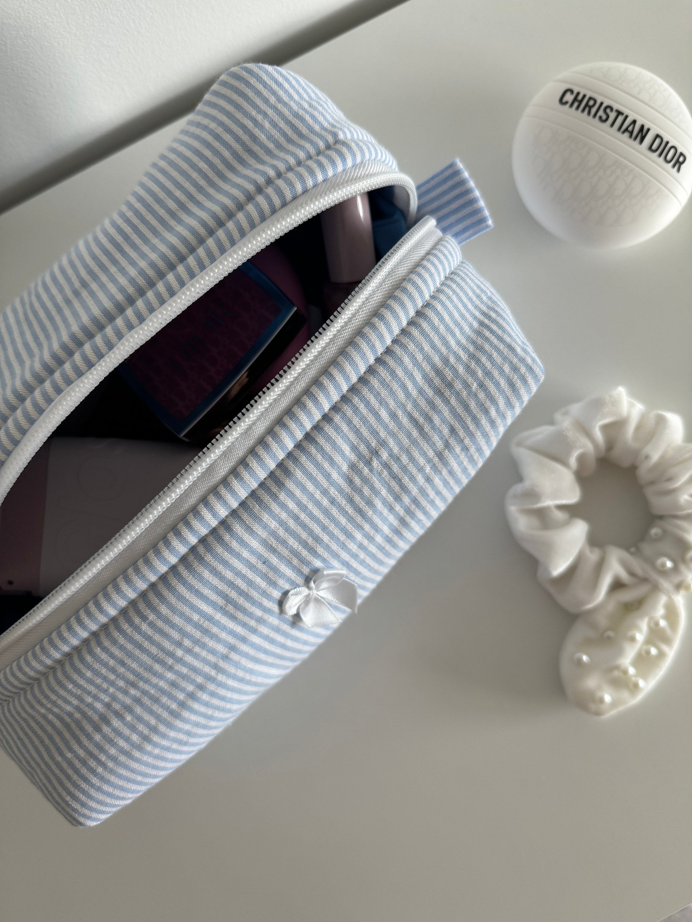 Makeup Pouch Makeup Bag Blue Seersucker Makeup Bag Cosmetic Bag Blue ...