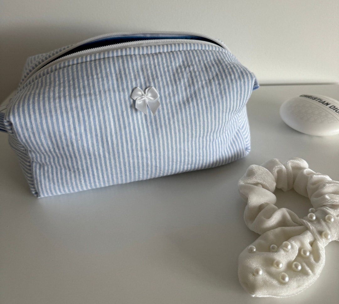 Makeup Pouch Makeup Bag Blue Seersucker Makeup Bag Cosmetic Bag Blue ...