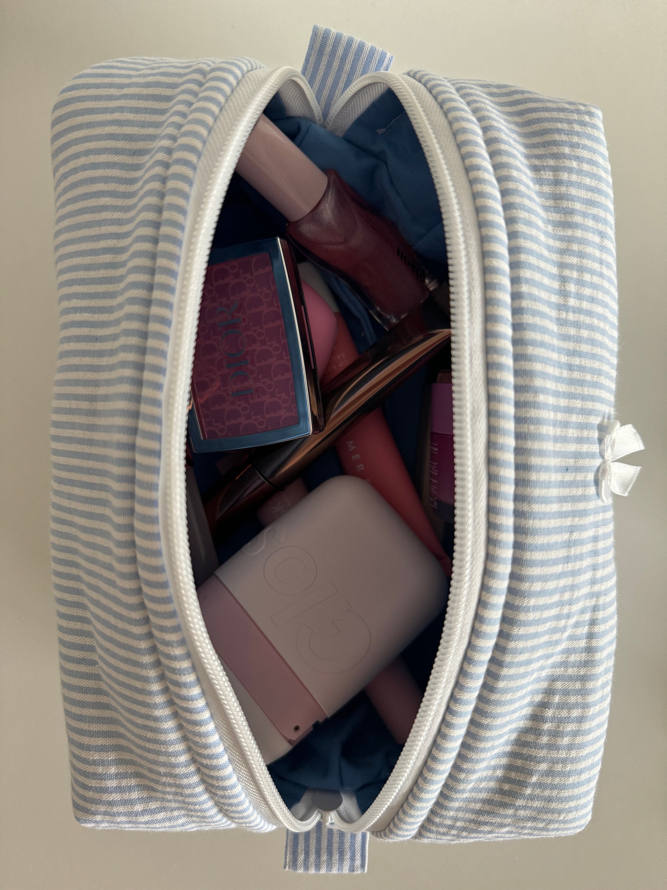 Makeup Pouch Makeup Bag Blue Seersucker Makeup Bag Cosmetic Bag Blue ...