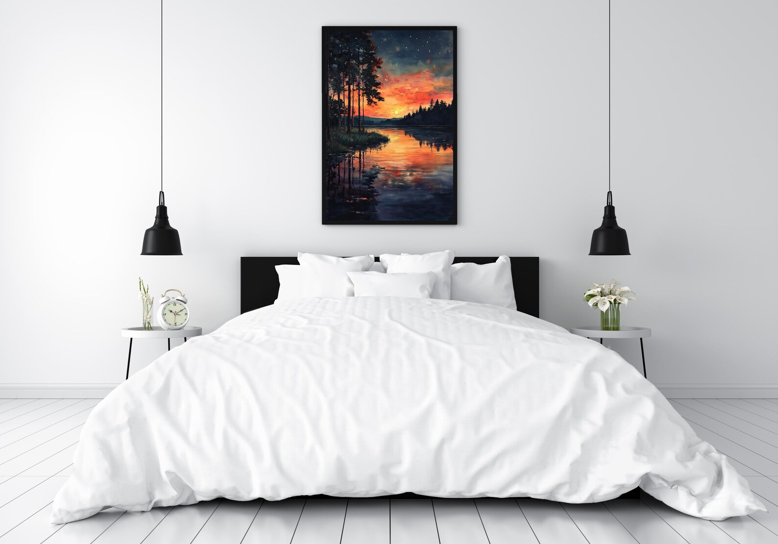 Fiery Sunset Lake Art 16x24 Vibrant Watercolor Digital Print Serene ...