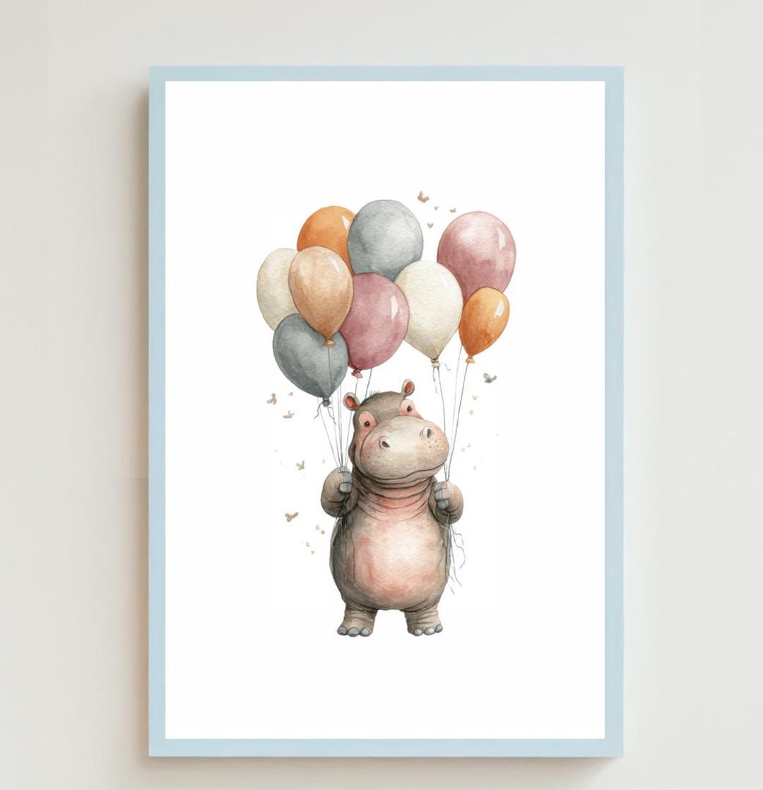 Baby Hippo With Balloons Watercolor - Etsy