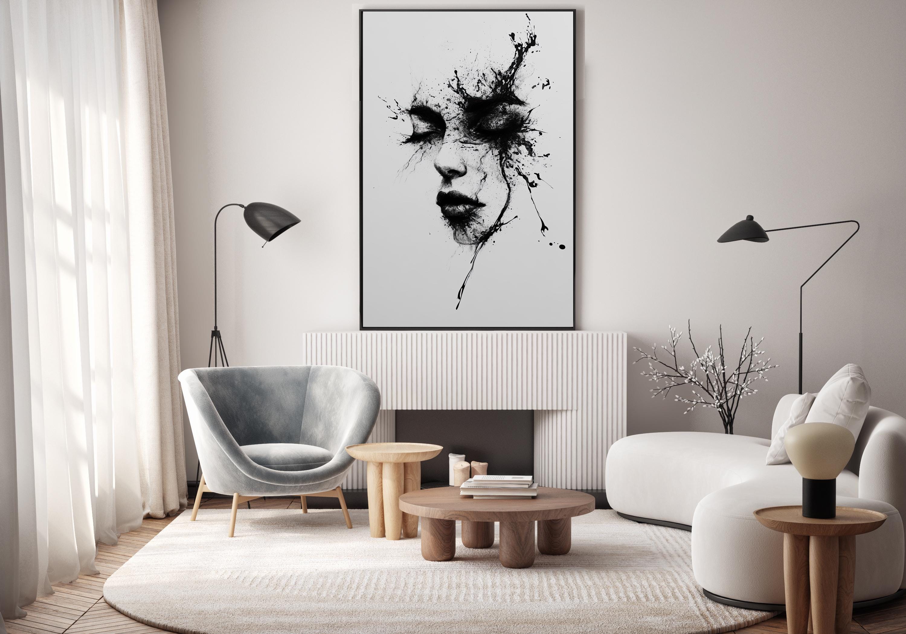 Minimalist Ink Blot Face Art | 16x24 Abstract Black and White Digital ...