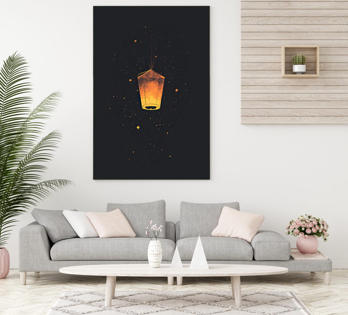 Floating Paper Lantern Digital Print, Minimalist Night Sky Art, Warm ...