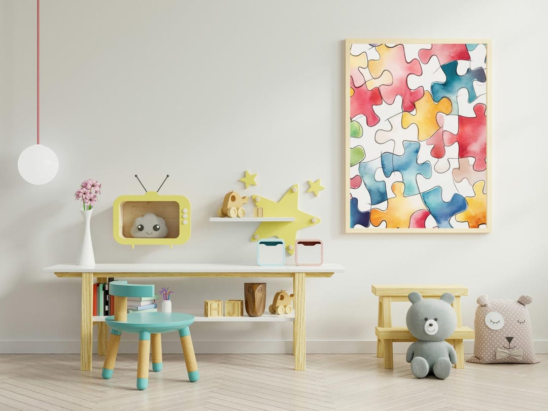 Nursery Wall Art – Puzzle Piece Watercolor Print for Kids Room ...