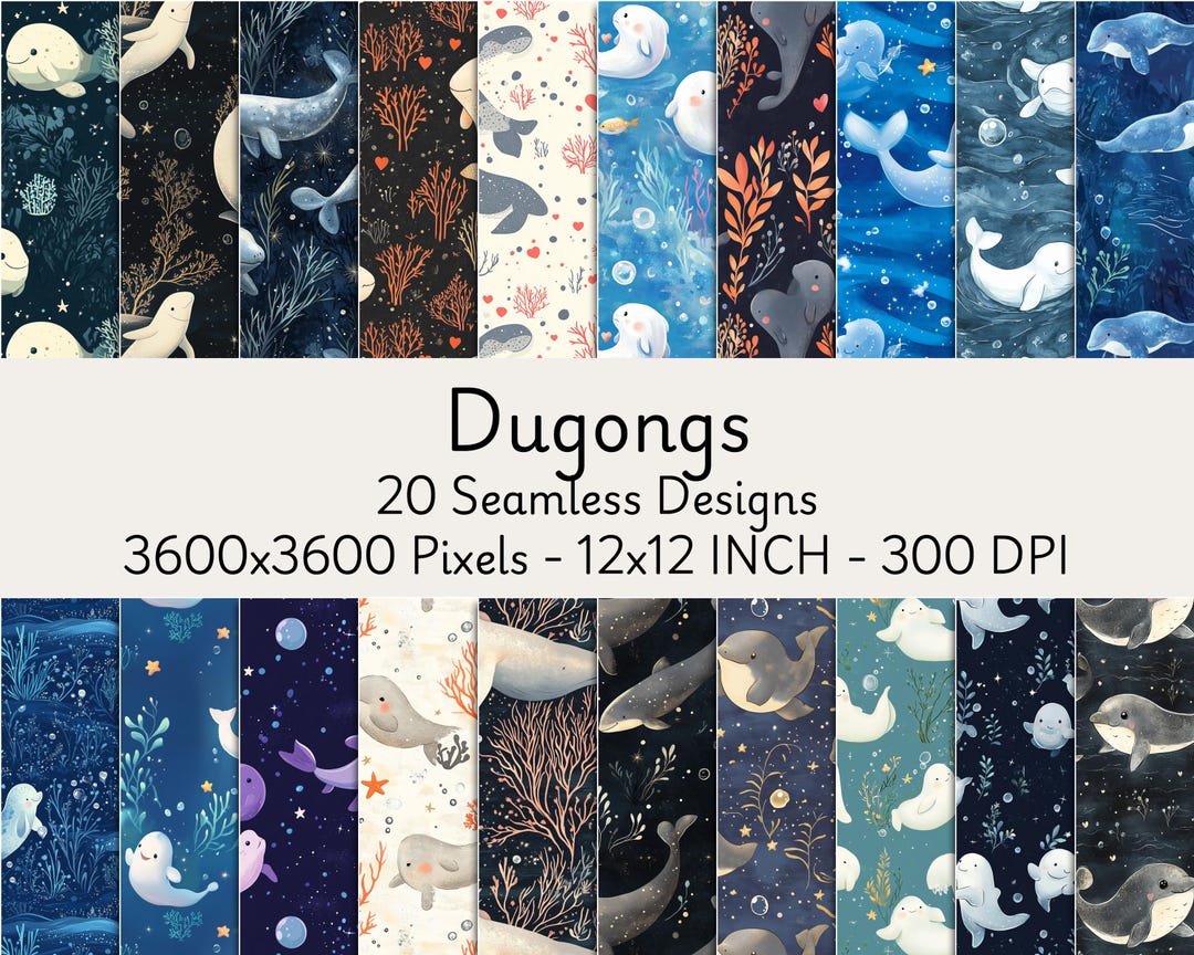 Dugong Seamless Digital Patterns | 20 High-resolution Ocean-themed ...