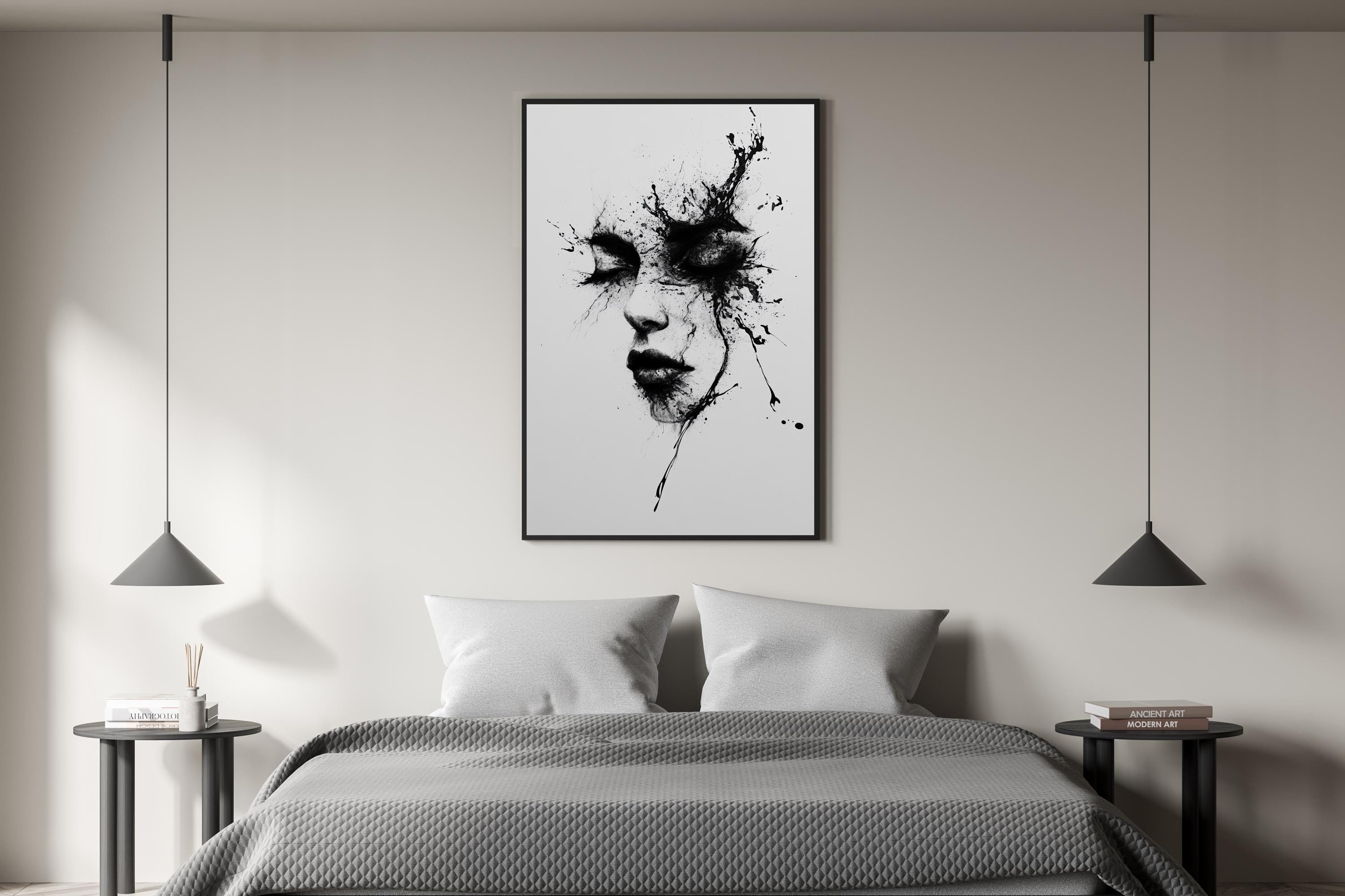 Minimalist Ink Blot Face Art | 16x24 Abstract Black and White Digital ...