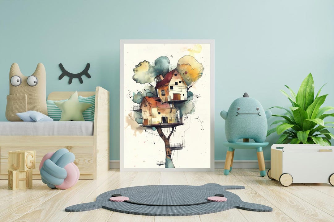Nursery Wall Art – Treehouse Watercolor Print for Kids Room | Whimsical ...