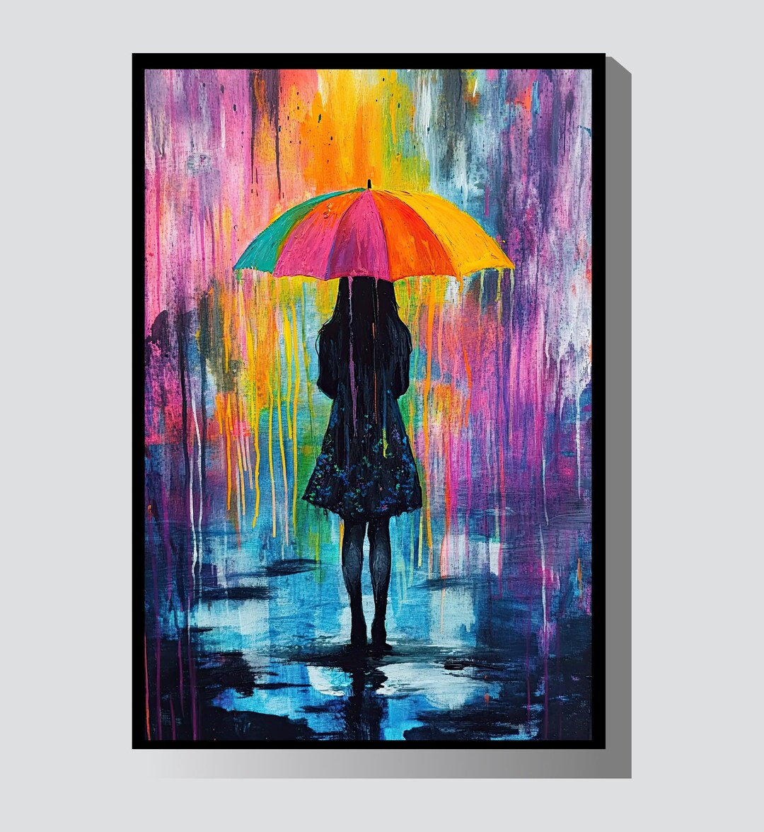 Colorful Umbrella in the Rain Digital Print, Vibrant Abstract Artwork ...