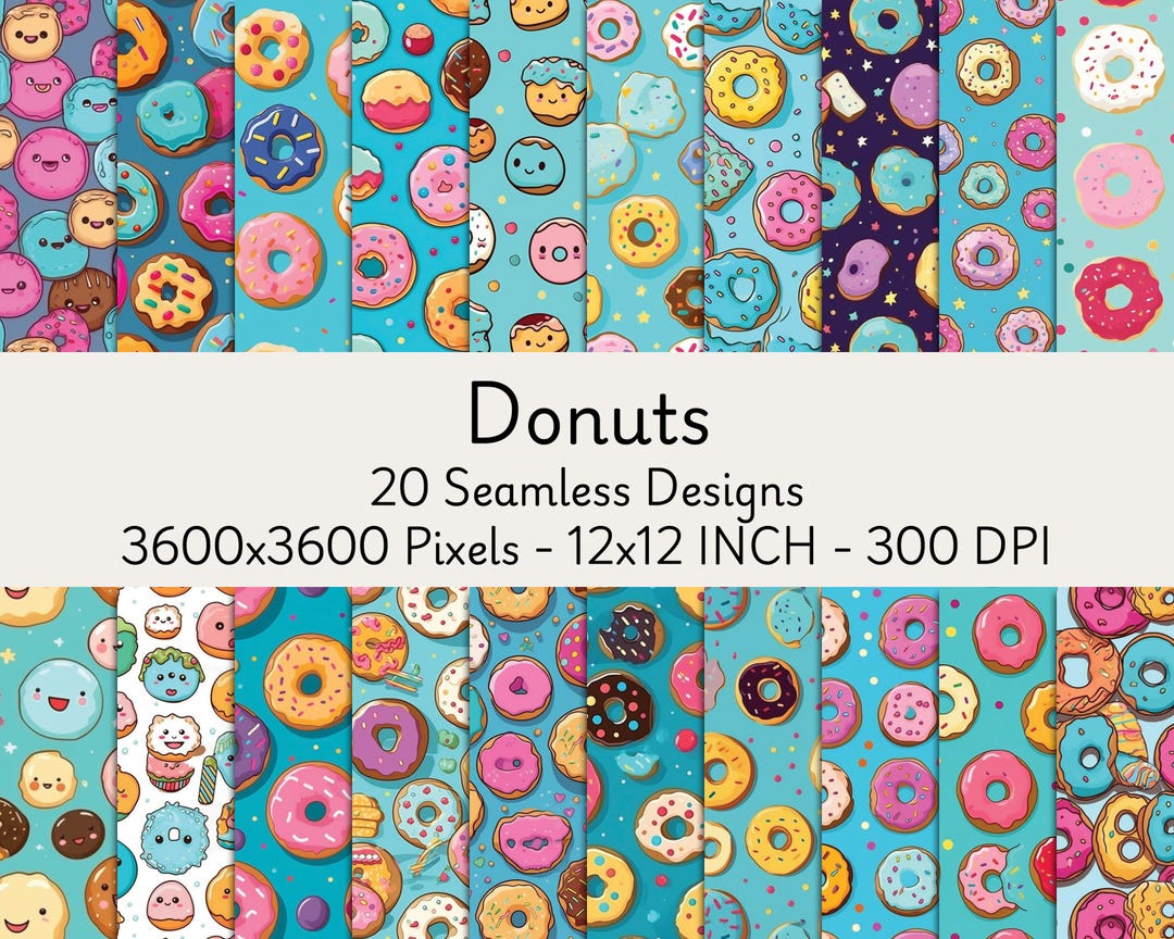 Cute Kawaii Donut SEAMLESS Patterns - Cute Kawaii Food Digital Paper ...