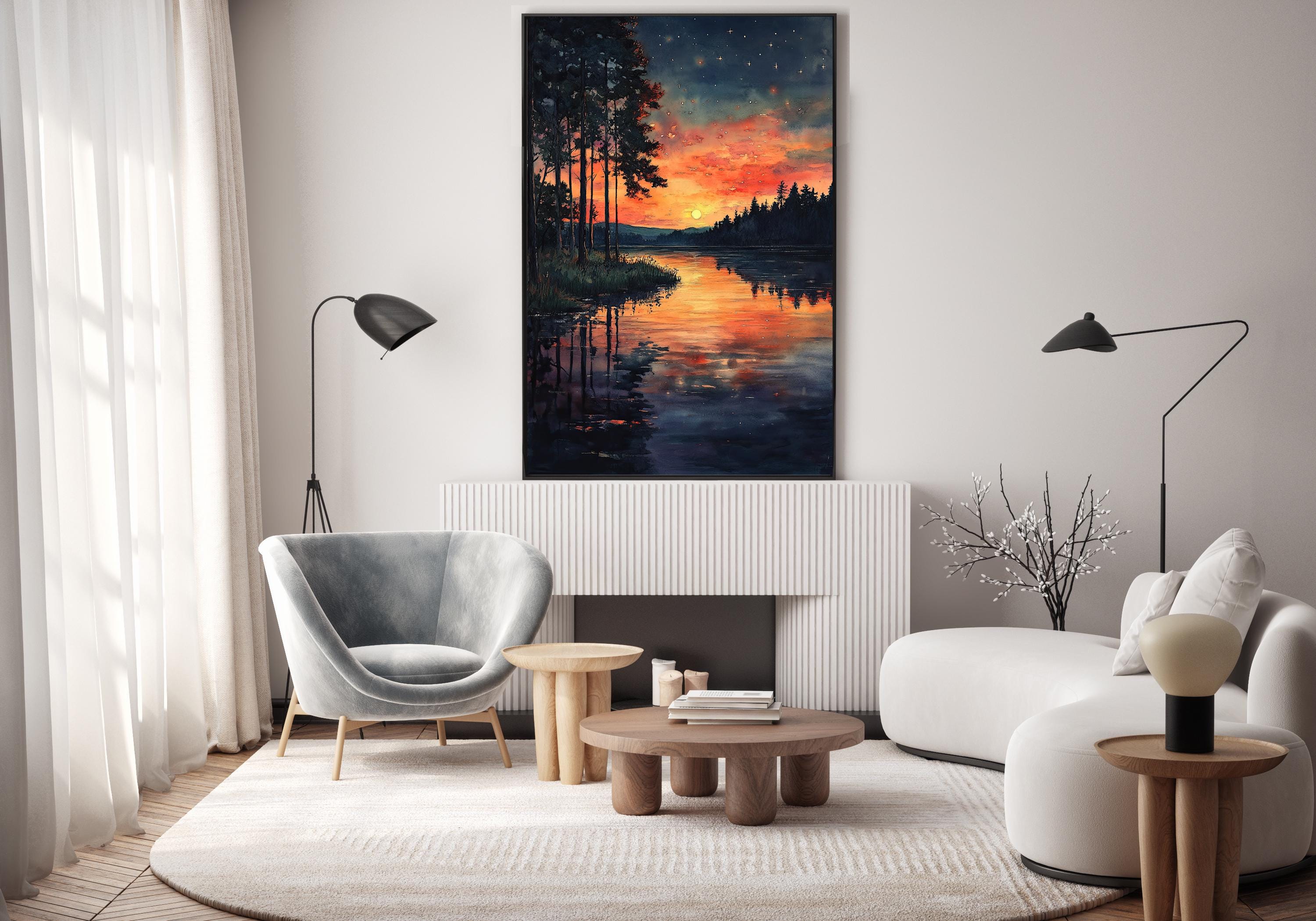 Fiery Sunset Lake Art 16x24 Vibrant Watercolor Digital Print Serene ...