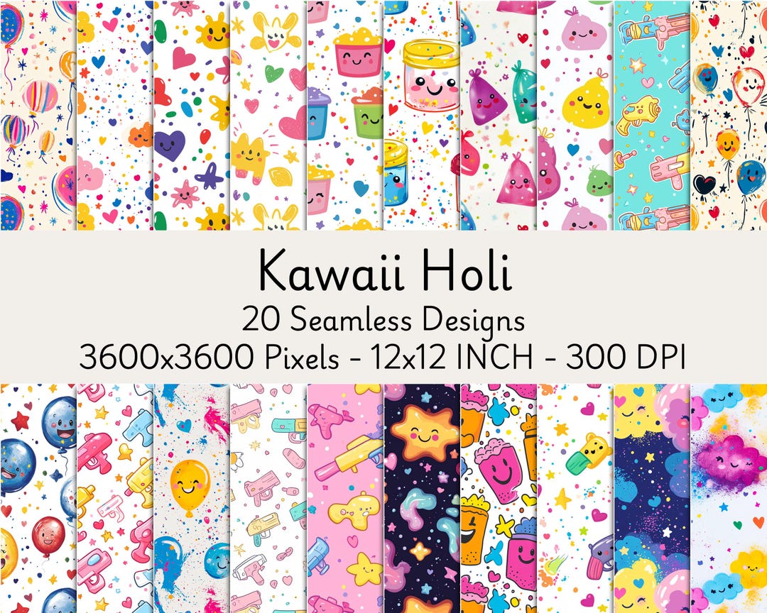 Kawaii Holi Seamless Digital Patterns | 20 High-resolution Festive ...