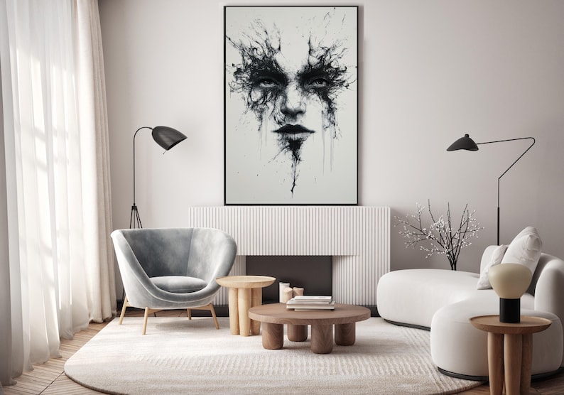 Abstract Ink Blot Face Digital Wall Art Printable, Black and White ...