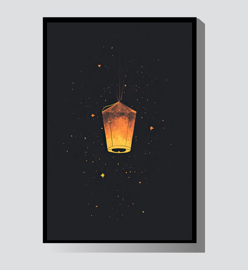 Floating Paper Lantern Digital Wall Art Printable, Minimalist Night Sky ...