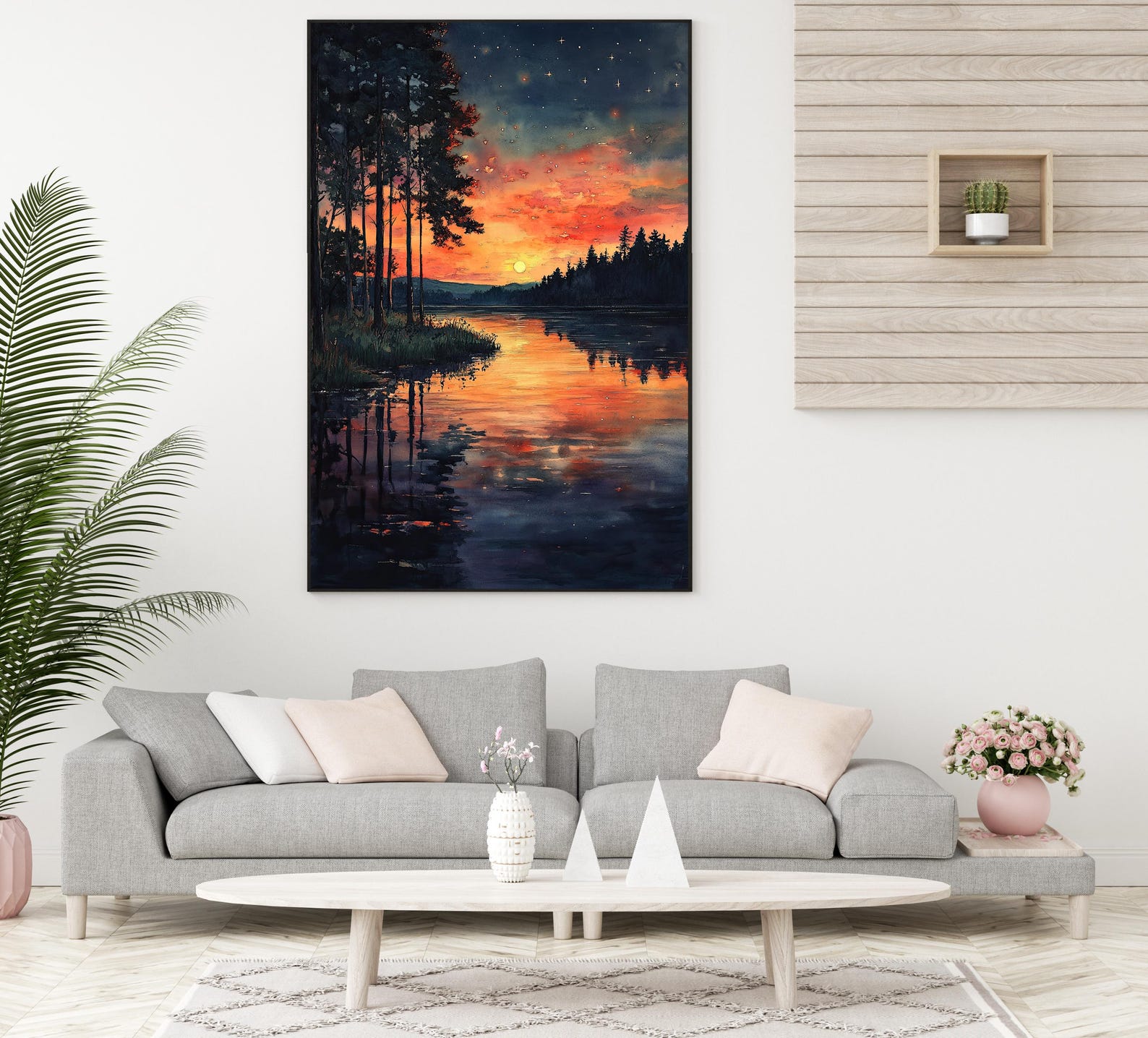 Fiery Sunset Lake Art 16x24 Vibrant Watercolor Digital Print Serene ...