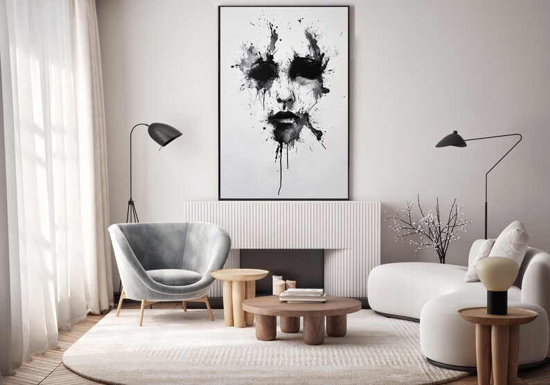 Abstract Ink Blot Face Digital Wall Art Printable, Expressionist Black ...