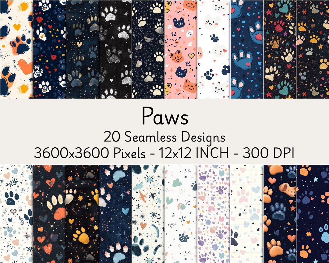 Paw Print Seamless Digital Patterns | 20 High-resolution Pet-themed ...