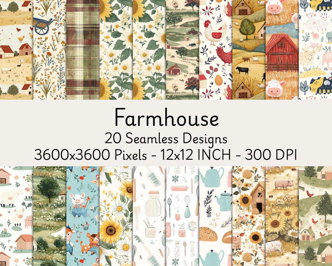 Farmhouse Digital Paper: 20 Rustic Seamless Patterns (digital Download ...