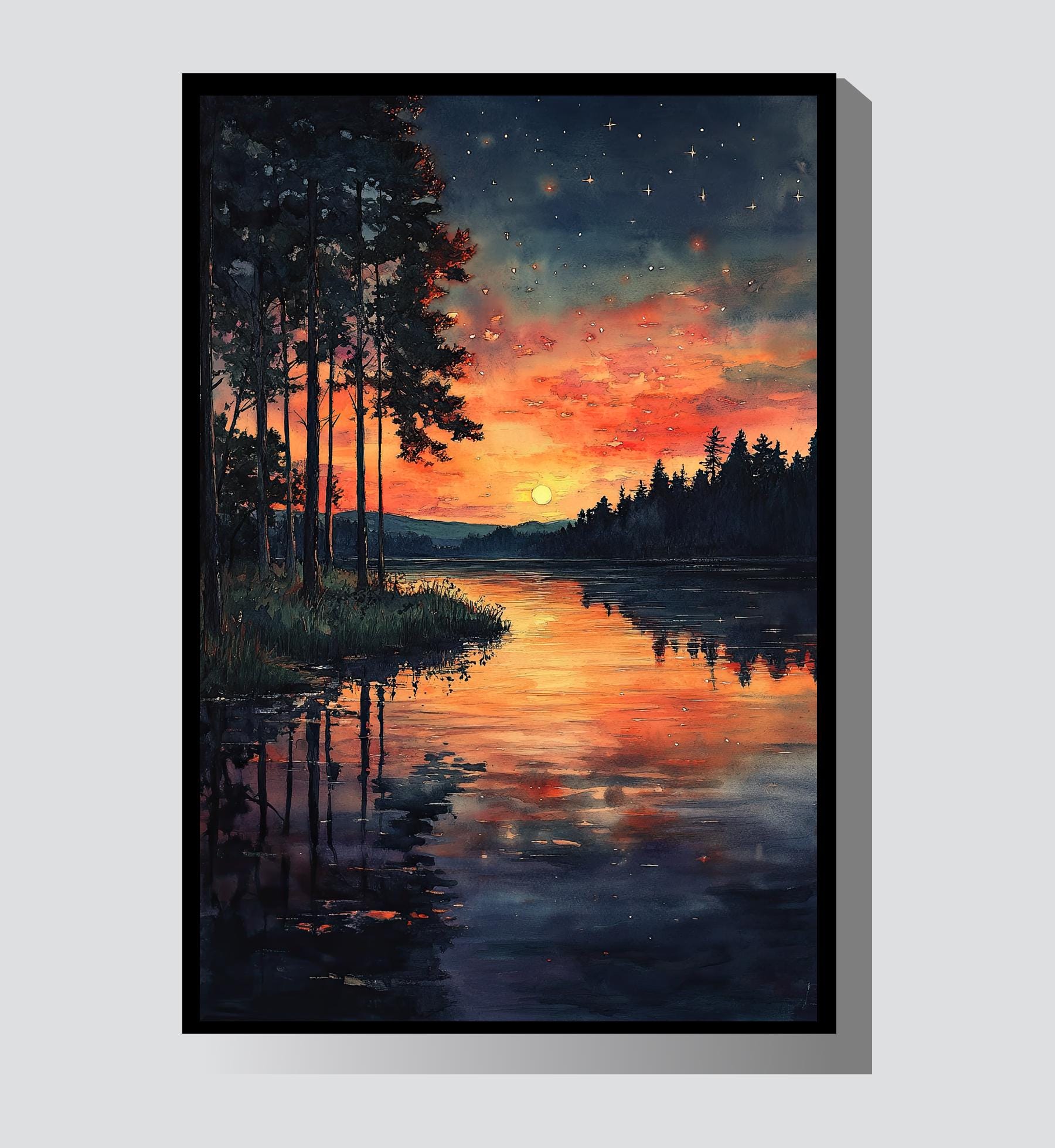 Fiery Sunset Lake Art 16x24 Vibrant Watercolor Digital Print Serene ...