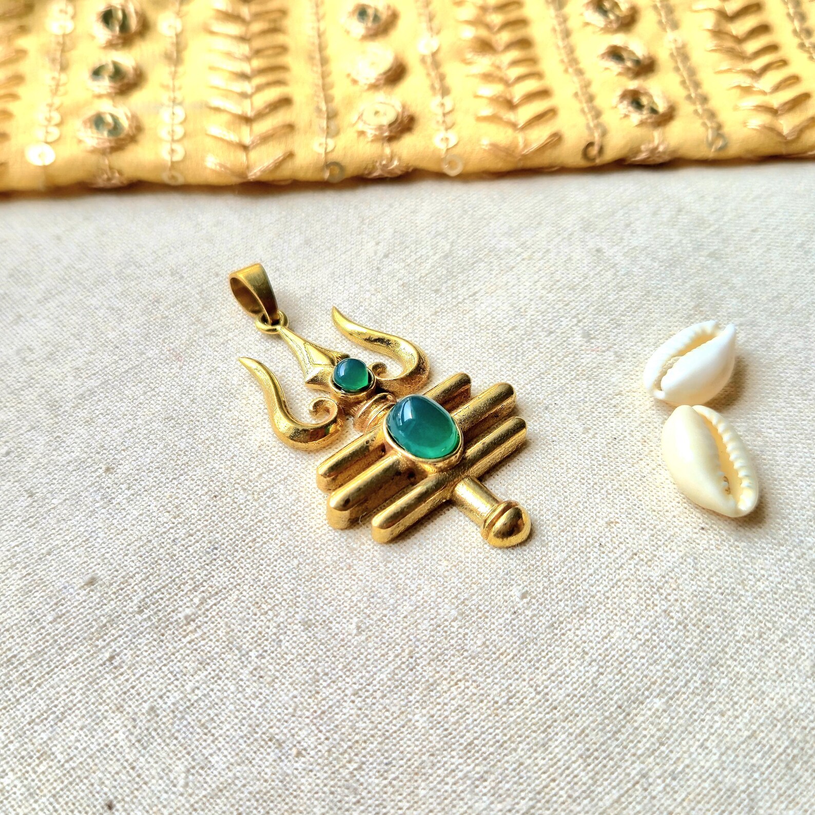 Tribal Trishul Pendant With Green Onyx Stone – Brass Shiva Trident ...