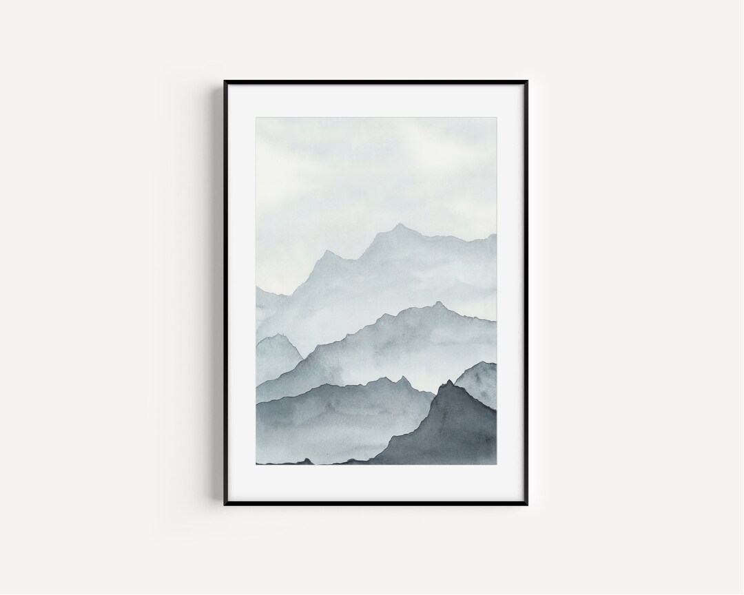 Blue Misty Mountain Watercolor Print Nature Landscape - Etsy