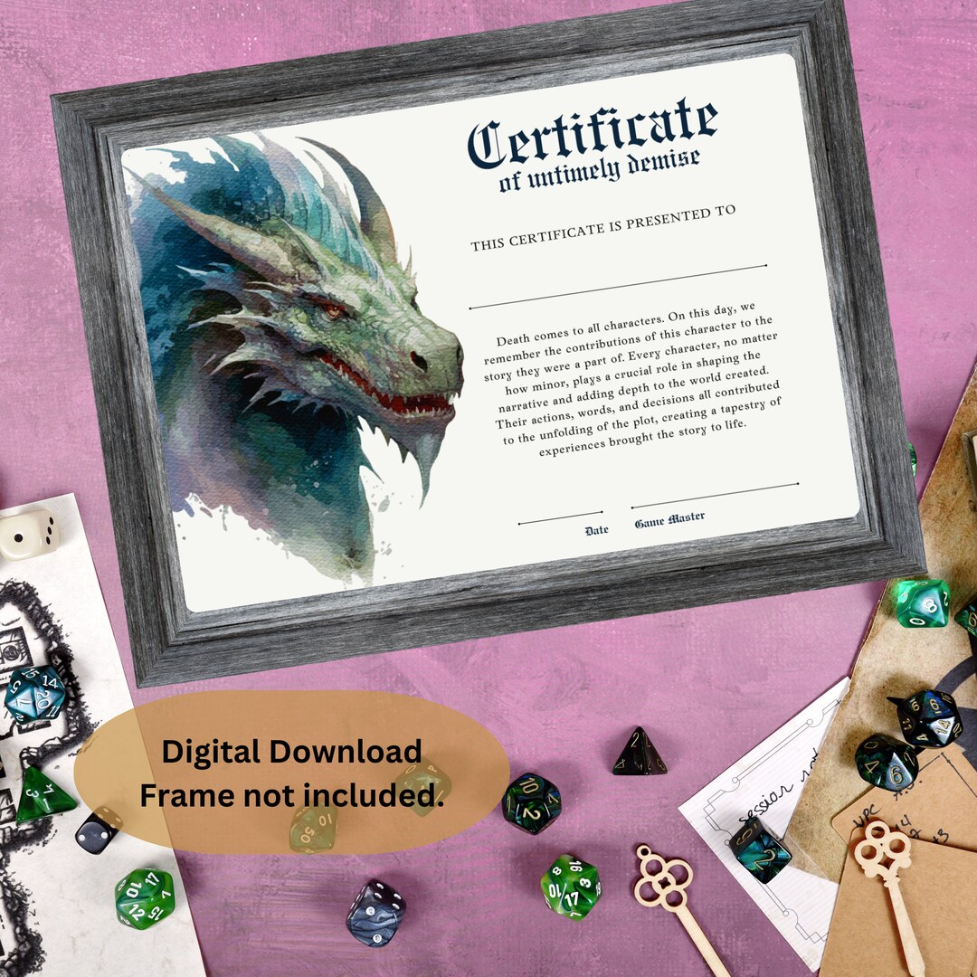 Dnd Character Death Certificate Dungeons and Dragons Accessory Dungeon ...