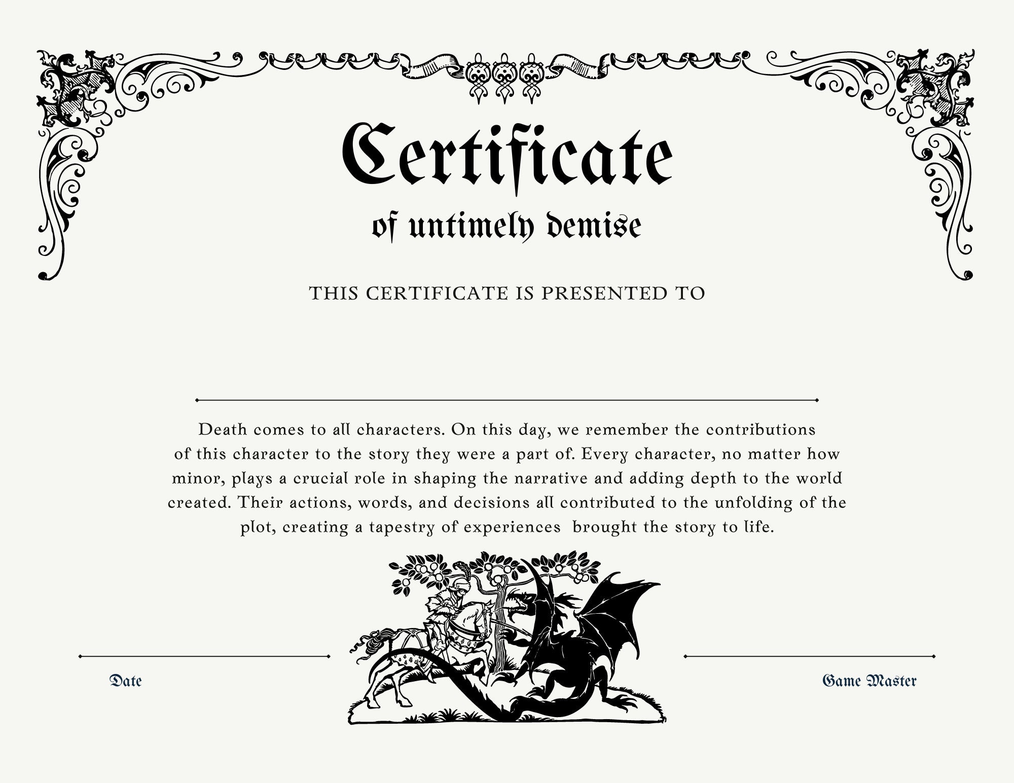 Dnd Character Death Certificate Dungeons and Dragons Accessory Dungeon ...