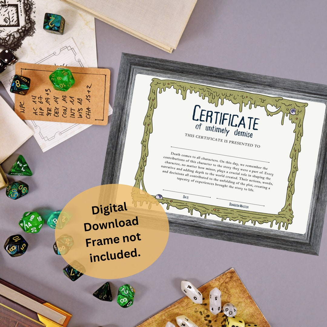 Dnd Character Death Certificate Dungeons and Dragons Accessory Dungeon ...