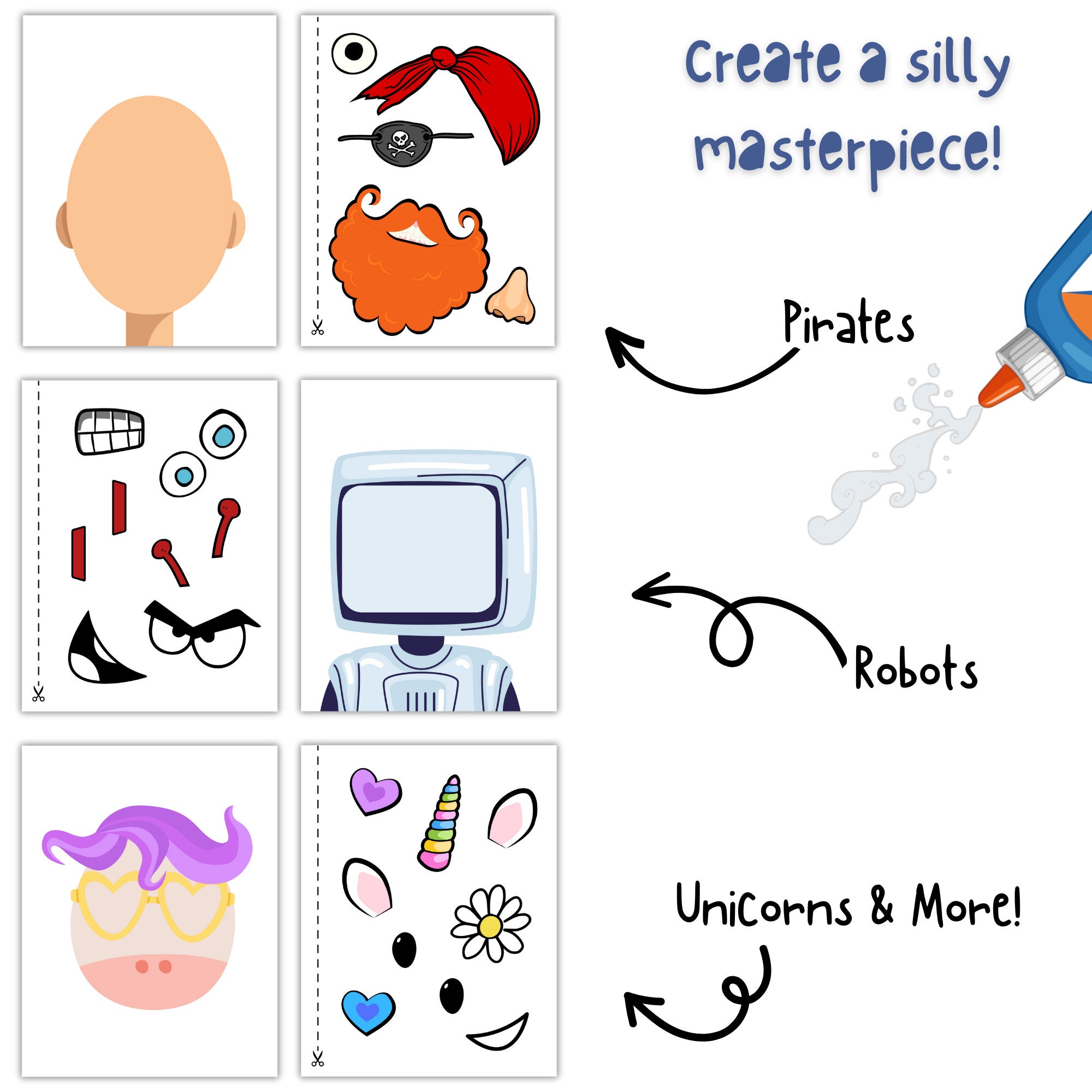 Printable Silly Faces Cut and Paste Bundle, Funny Faces Craft for Kids ...