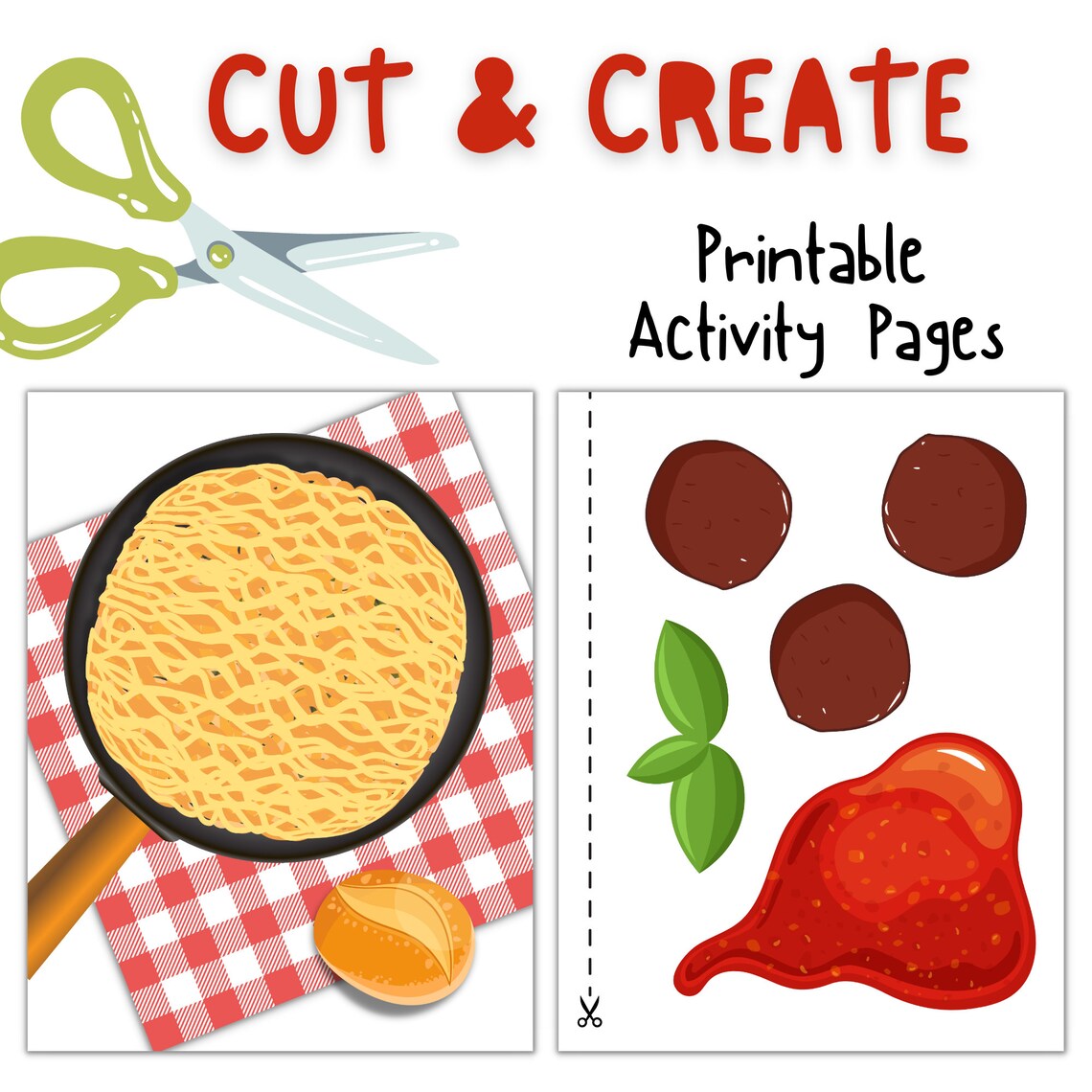 Printable Spaghetti and Meatballs, Cut and Create Food Assembly Kit ...