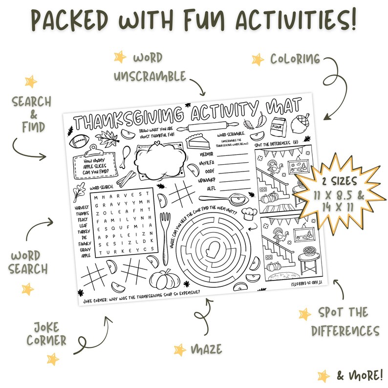Thanksgiving Activity Placemat Printable, Fun Holiday Games & Coloring ...