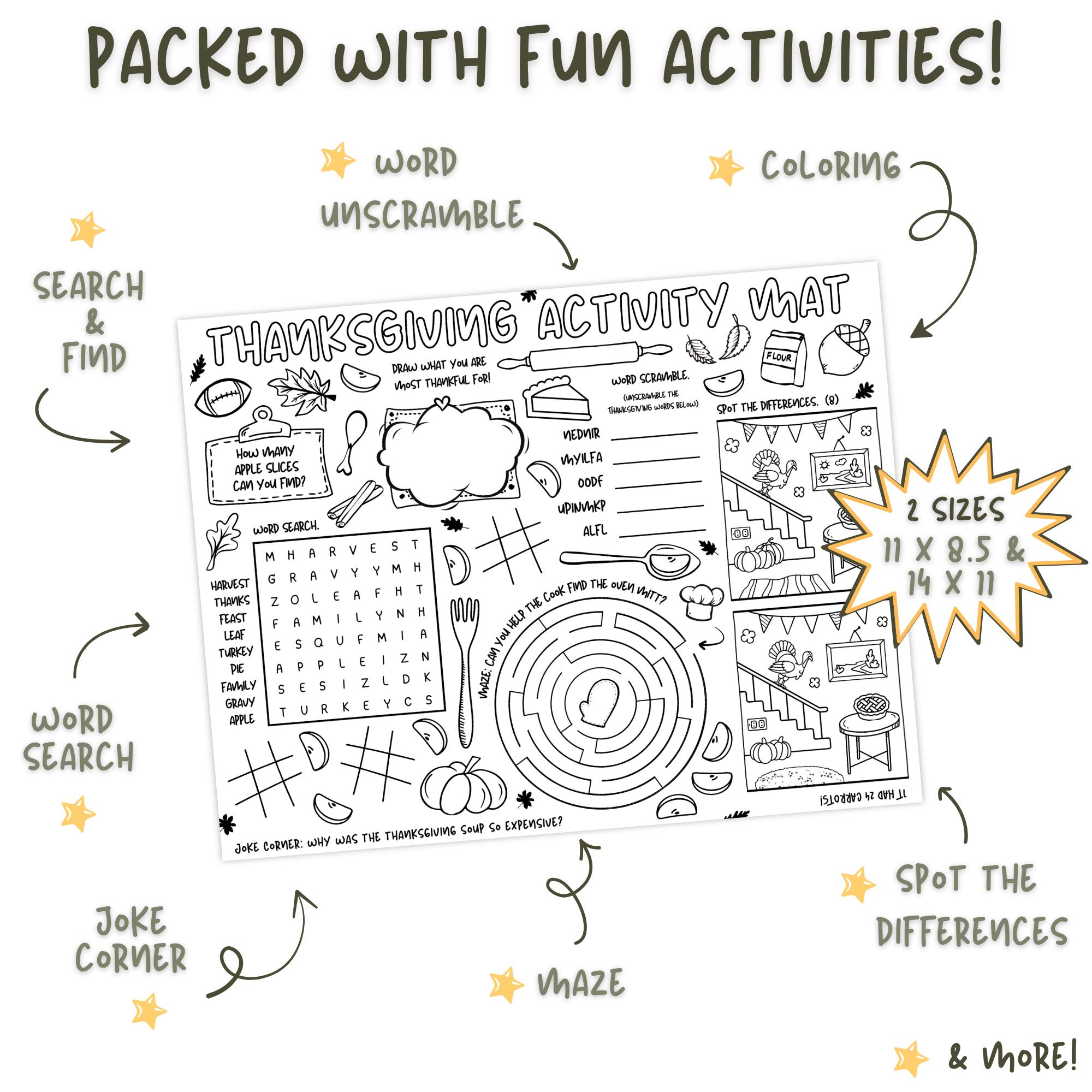 Thanksgiving Activity Placemat Printable, Fun Holiday Games & Coloring ...