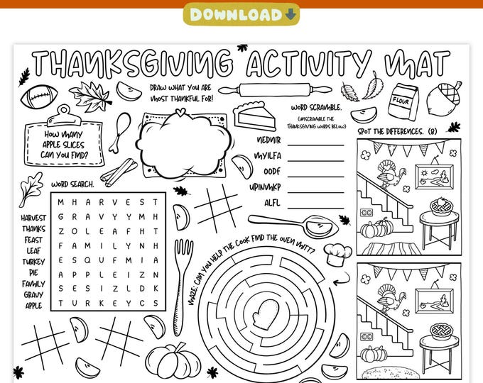 Thanksgiving Activity Placemat Printable, Fun Holiday Games & Coloring ...
