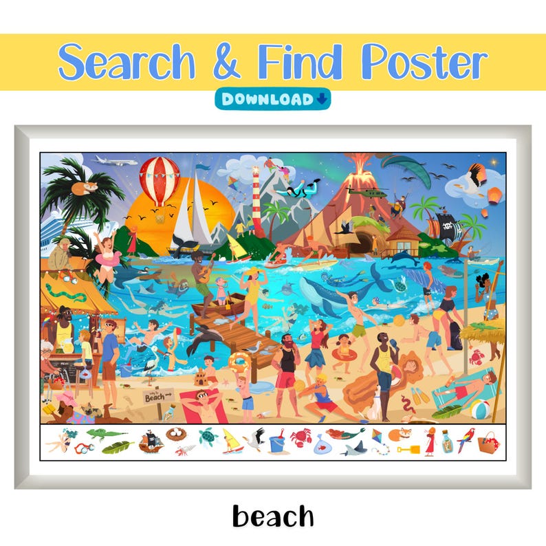 Printable Beach-themed Search and Find Poster for Kids, Engaging Summer ...