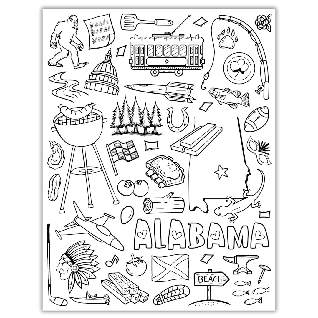 Alabama Doodle Coloring Page, Whimsical Printable Designs for ...