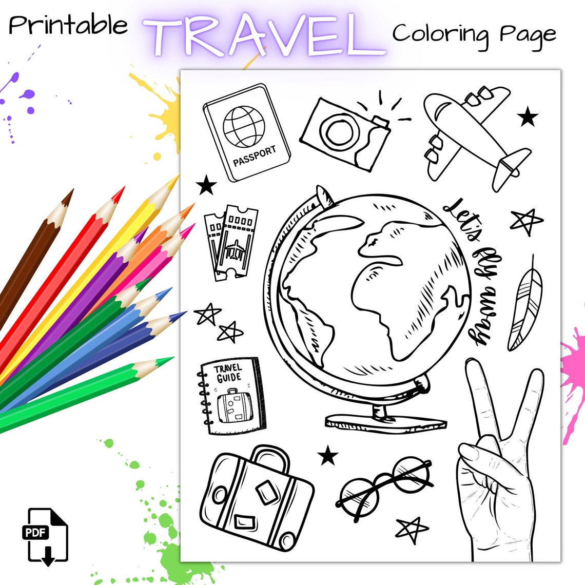 Printable Travel Coloring Page, Vacation Coloring Page for Kids and ...