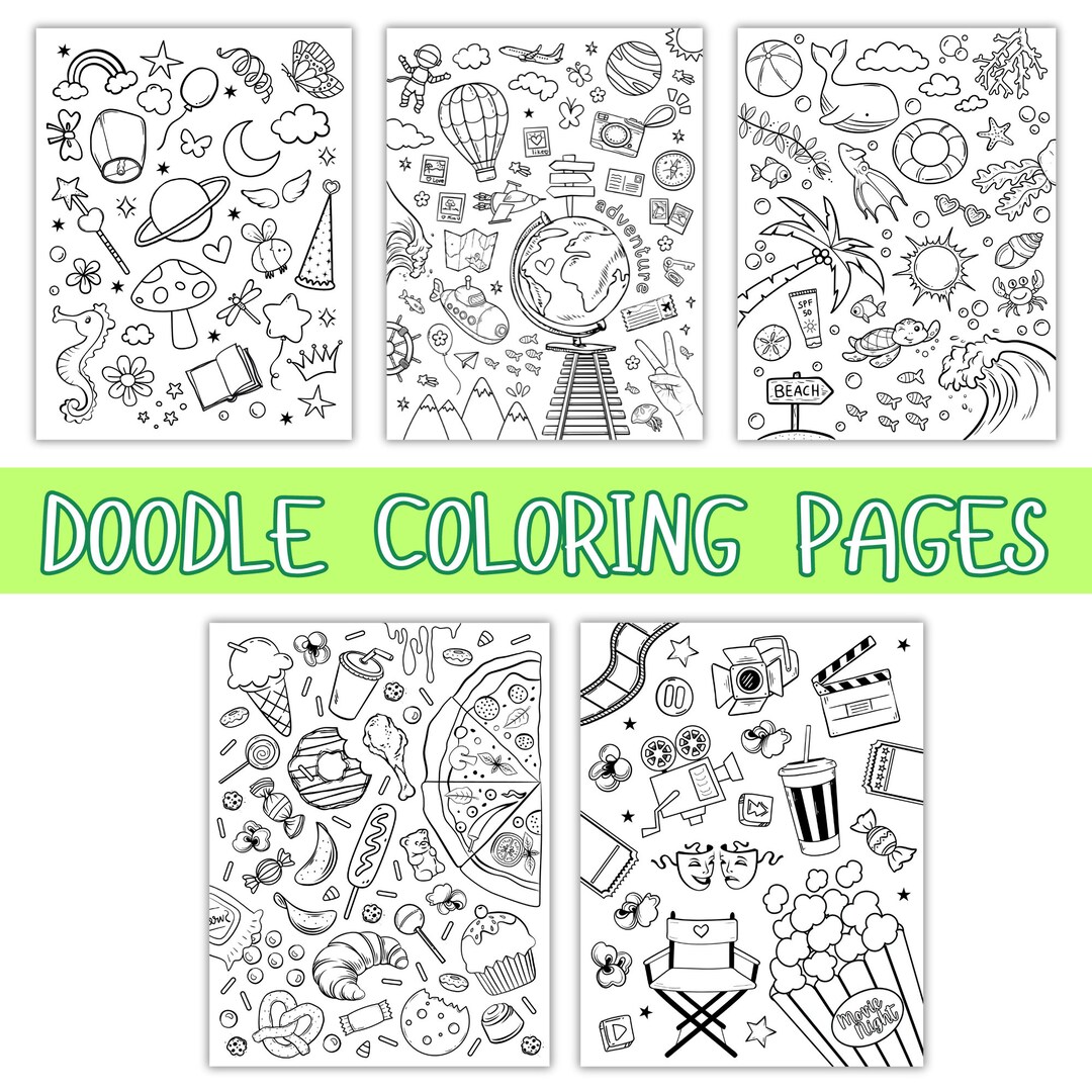 Set of 5 Printable Doodle Coloring Pages, Instant Download, Fun and ...