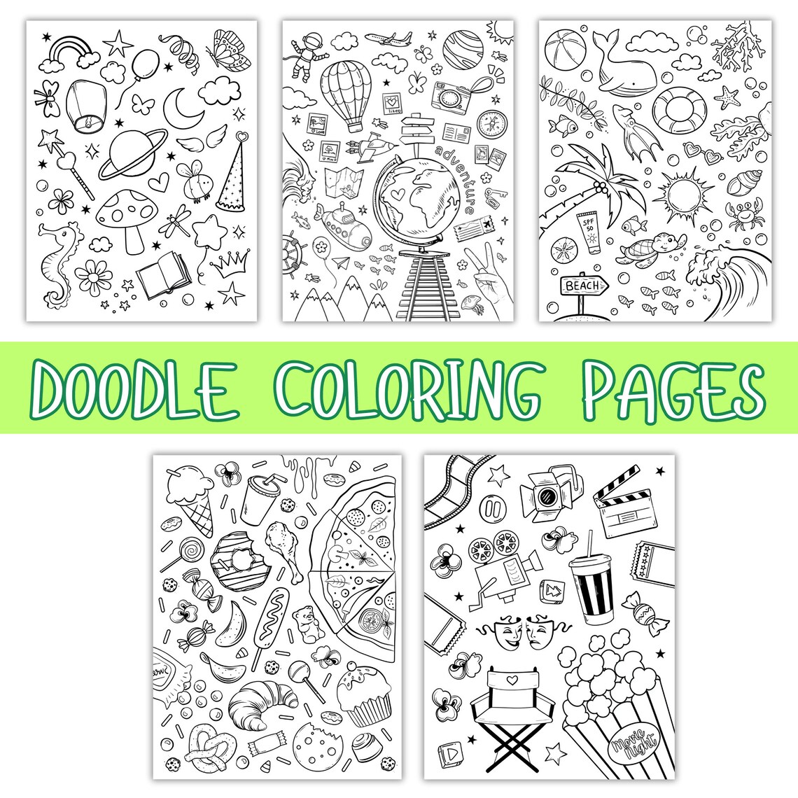 Set of 5 Printable Doodle Coloring Pages, Instant Download, Fun and ...