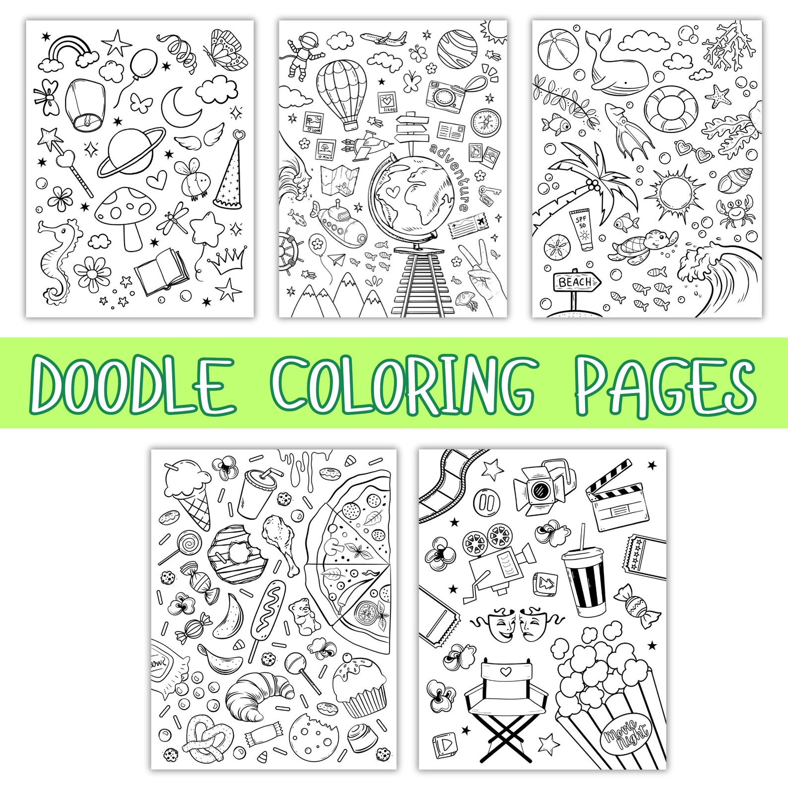 Set of 5 Printable Doodle Coloring Pages, Instant Download, Fun and ...