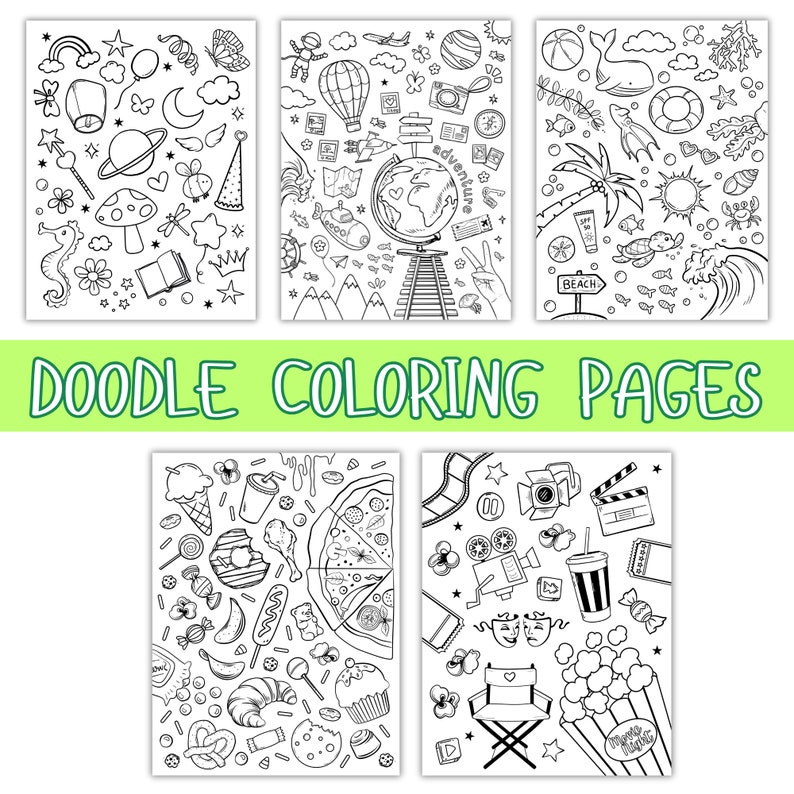 Set of 5 Printable Doodle Coloring Pages, Instant Download, Fun and ...