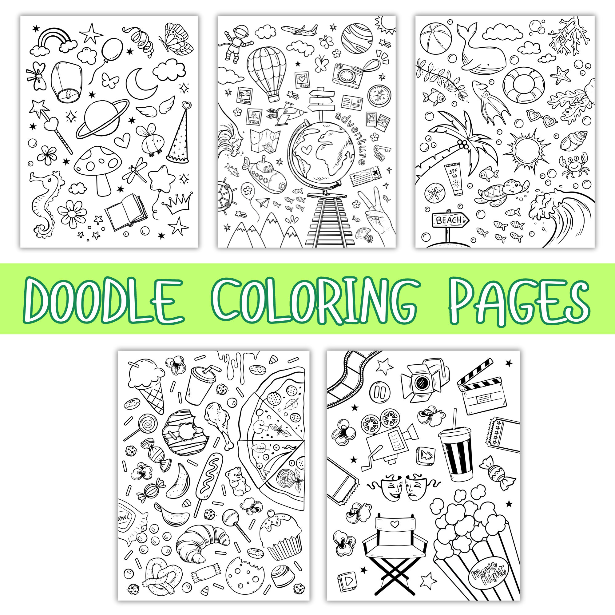 Set of 5 Printable Doodle Coloring Pages, Instant Download, Fun and ...