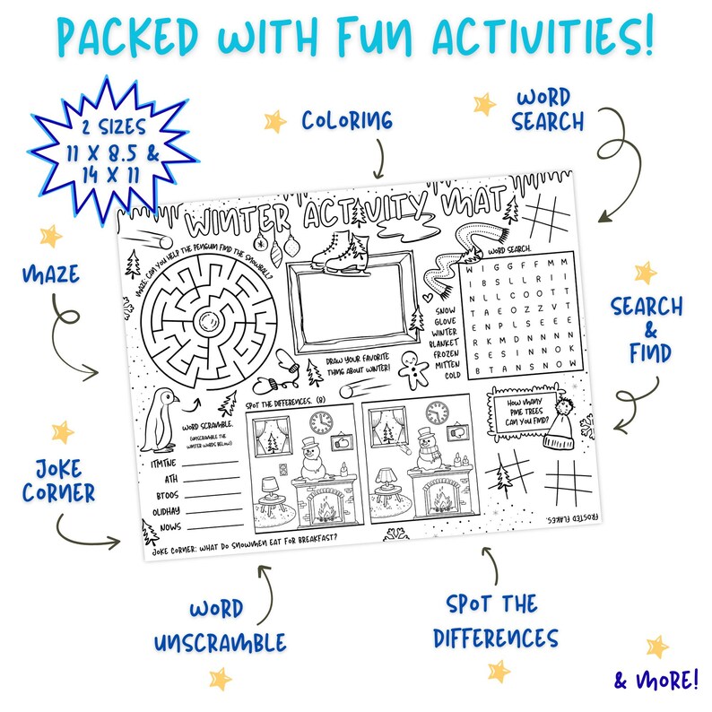 Winter Activity Placemat for Kids, Printable Maze, Word Search, Word ...