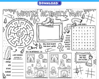 Winter Activity Placemat for Kids, Printable Maze, Word Search, Word ...
