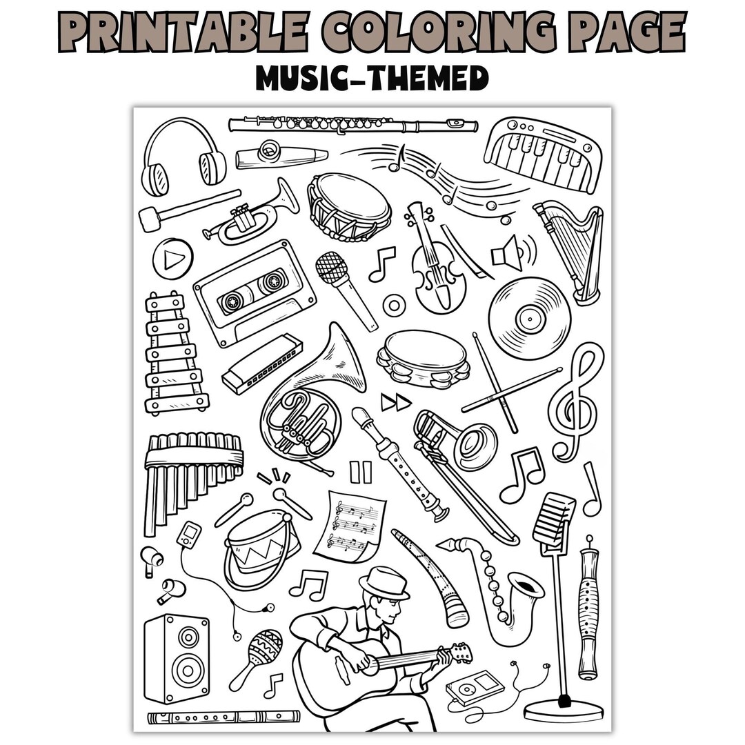 Music Themed Printable Coloring Page, Fun and Relaxing Musical Art ...