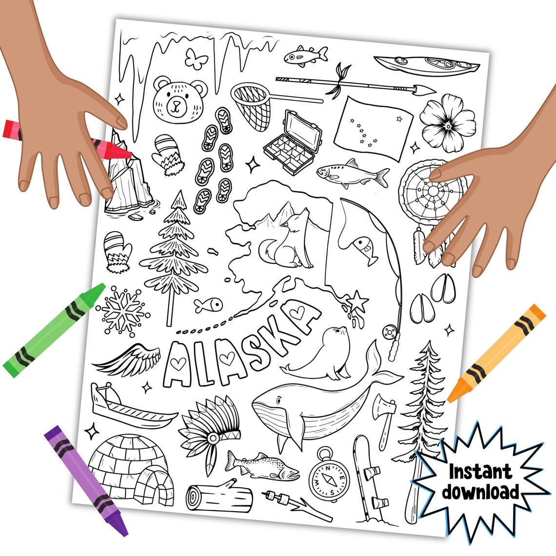 Alaska Doodle Art Coloring Page, Creative Printable Design for Leisure ...
