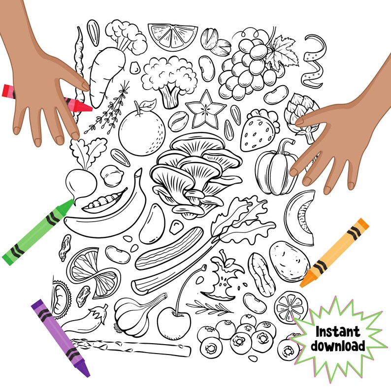 Fruit and Veggie Printable Coloring Page for Kids and Adults, Doodle ...