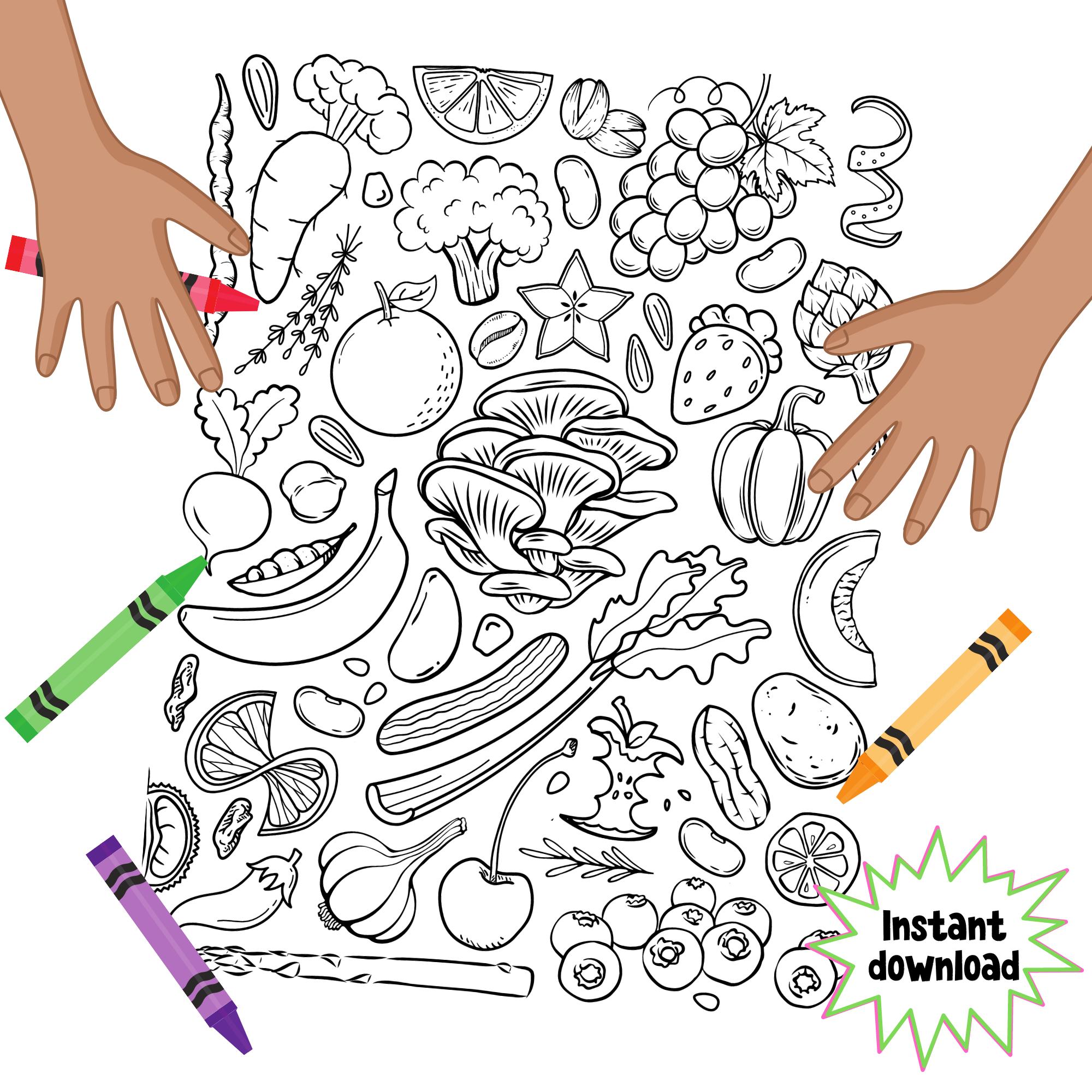 Fruit and Veggie Printable Coloring Page for Kids and Adults, Doodle ...