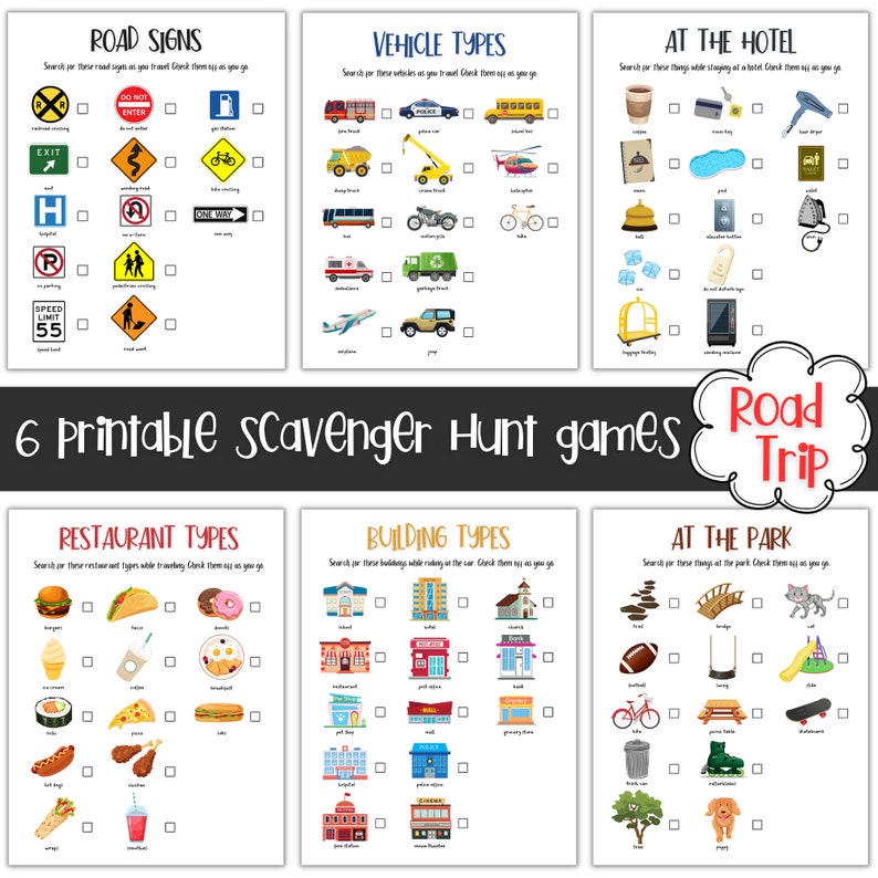 Road Trip Games for Kids, 6 Printable Scavenger Hunts, Kids Travel ...