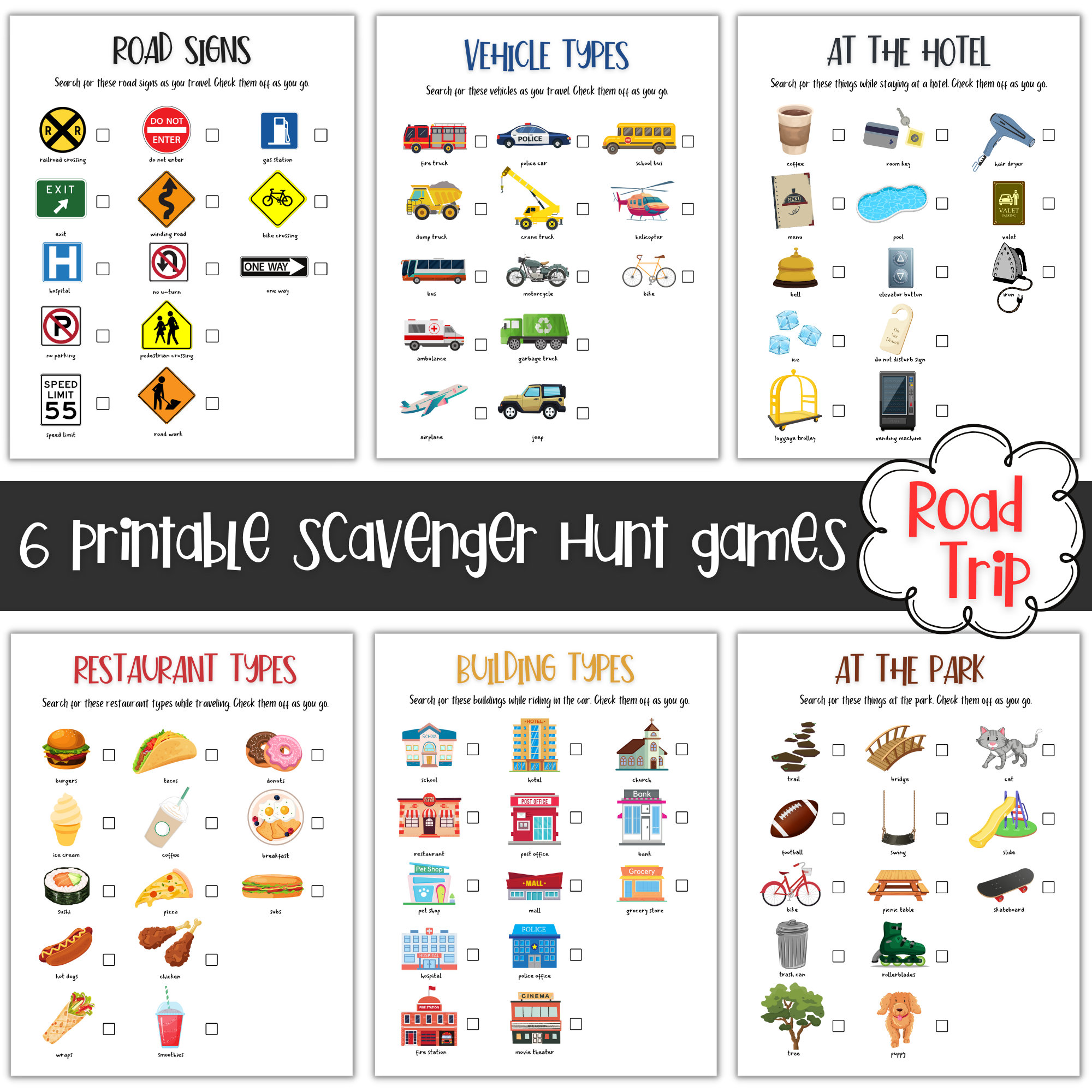 Road Trip Games for Kids, 6 Printable Scavenger Hunts, Kids Travel ...