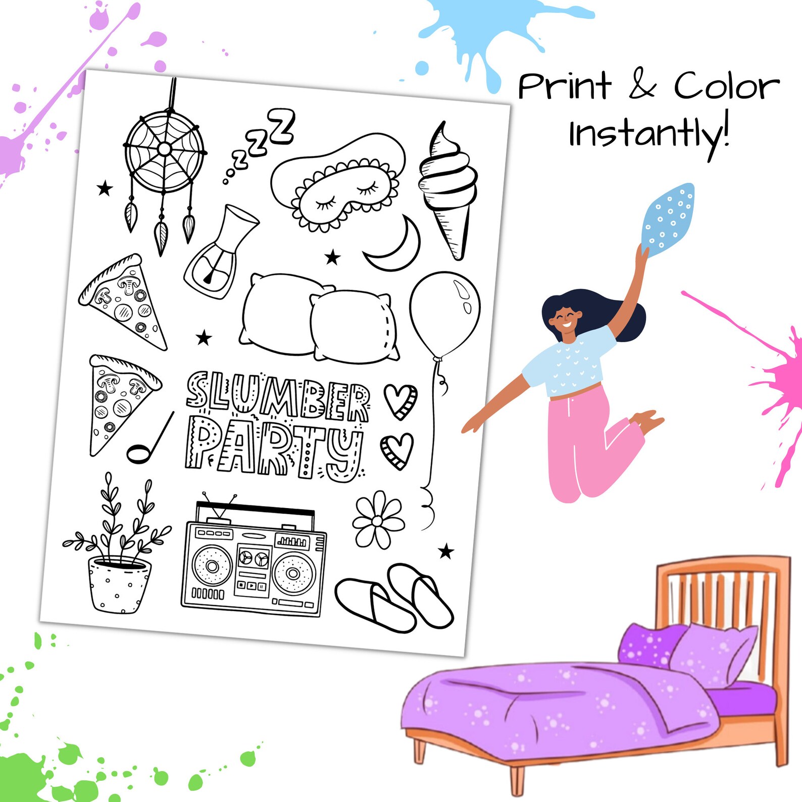 Printable Sleepover Coloring Page, Slumber Party Coloring Page for ...